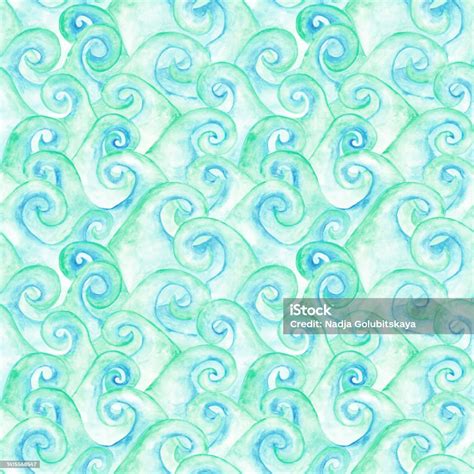 파도 매끄러운 패턴 파란색과 청록색 수채화 물결 끝없는 인쇄 손으로 그린 밝은 파란색 폭풍우 치는 바다 그림 벽지에 태평양이 스케치됩니다 귀여운 추상적 인 물결 모양의 바다