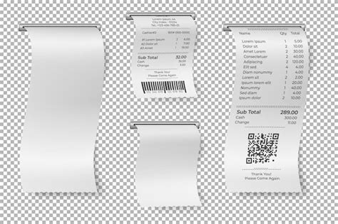 인쇄 된 판매 영수증 레스토랑 청구서 절연 Atm 종이 수표 빈 출납원 영수증 모형 상점 또는 슈퍼마켓 송장 벡터 템플릿 종이 송장 확인 레시피 균형 그림 프리미엄 벡터
