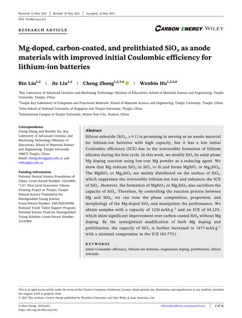 Pdf Mg‐doped Carbon‐coated And Prelithiated Sio X As Anode Materials With Improved Initial