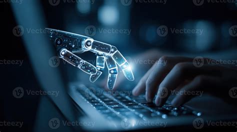 Robotic Arm Assisting Human Hands Typing On Laptop Keyboard Futuristic