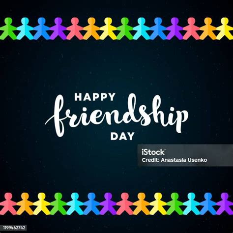 벡터 행복 우정의 날 배너입니다 무지개 색 종이 사람들과 칠판 배경에 흰색 텍스트입니다 웹 포스터 초대 장 파티 학교 행사 인쇄를위한 휴일 디자인 개념에 대한 스톡 벡터