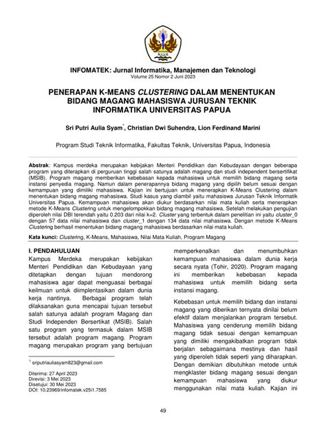 Pdf Penerapan K Means Clustering Dalam Menentukan Bidang Magang Mahasiswa Jurusan Teknik
