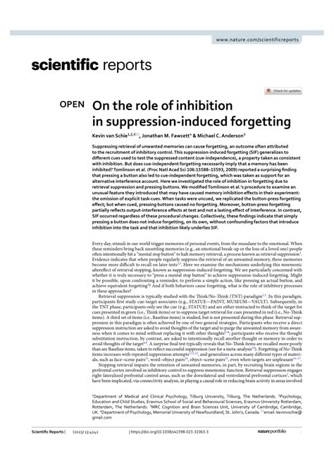 Pdf On The Role Of Inhibition In Suppression Induced Forgetting