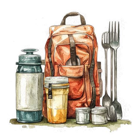 Backpack With A Water Bottle A Can Of Food A Spoon And A Fork Stock