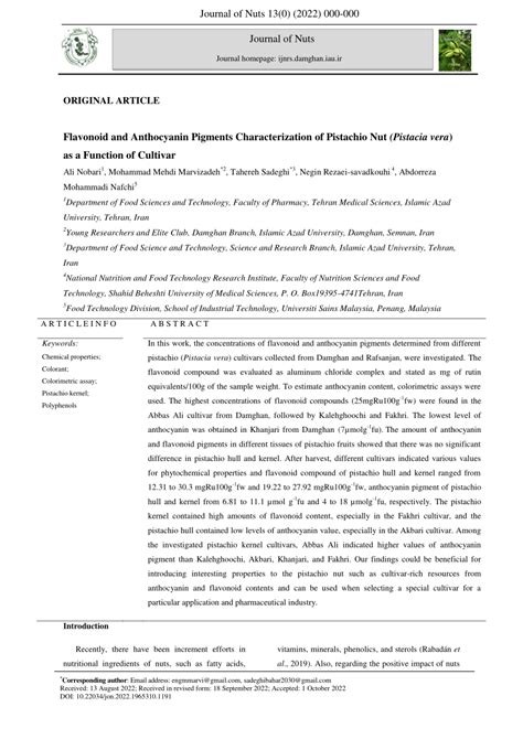 Pdf Flavonoid And Anthocyanin Pigments Characterization Of Pistachio