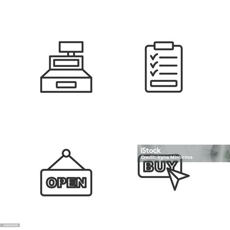 라인 구매 버튼 설정 텍스트 열기가 있는 교수형 표지판 금전 등록기 기계 및 클립보드 체크리스트 아이콘 벡터 검은색에 대한 스톡 벡터 아트 및 기타 이미지 Istock