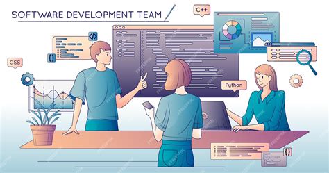 premium vector software development flat line composition with view of programmers team