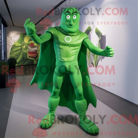 Green Superhero Mascot Costume Character Dressed With A Dress And Gloves Mascot Costumes