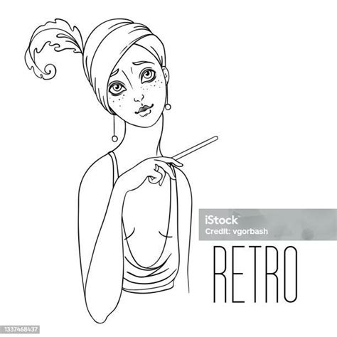 플래퍼 소녀의 아르 데코 빈티지 일러스트 1920 년대 스타일의 복고풍 파티 캐릭터 매력적인 이벤트 또는 재즈 파티를위한 벡터 디자인 찰스턴 춤에 대한 스톡 벡터 아트 및