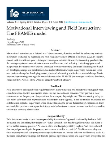 Pdf Motivational Interviewing And Field Instruction The Frames Model