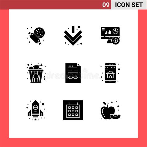 pictogram set of 9 simple solid glyphs of document certificate graph