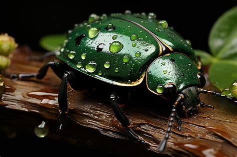 A Bug With Water Droplets On Its Nose And Drops Of Water On A Green Leaf Premium Ai Generated