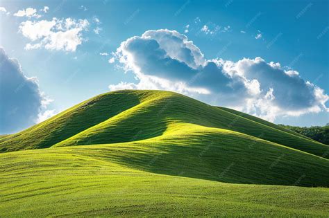 A Green Hill With A Blue Sky And Clouds In The Background Premium Ai