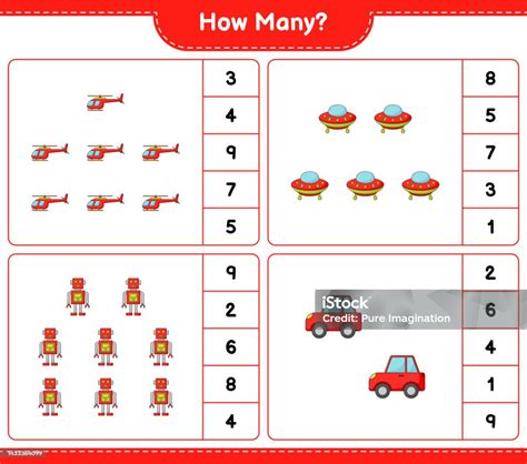 카운팅 게임 얼마나 많은 헬리콥터 Ufo 로봇 및 자동차 교육 어린이 게임 인쇄 가능한 워크 시트 벡터 일러스트 레이 션 0명에 대한 스톡 벡터 아트 및 기타 이미지