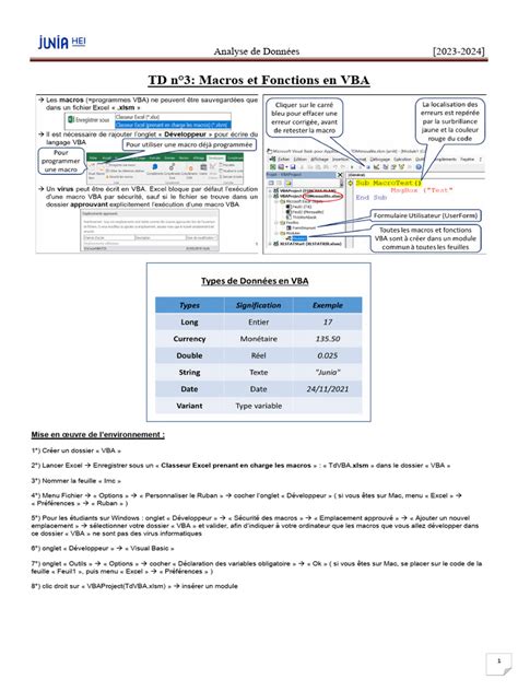 Td N°3 Macros Et Fonctions En Vba Analyse De Données 2023 2024 Pdf