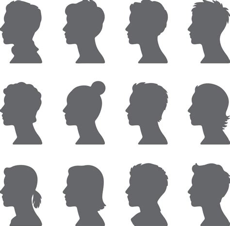 Twelve Gray Human Head Silhouettes Profile Views Diverse Hairstyles Men