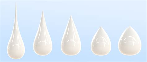 우유 요구르트 또는 화장품 크림은 파란색 배경 3d 렌더링 아이콘 세트에 떨어집니다 광택 있는 액체 용융 질감 떨어지는 물방울 소스 또는 유제품이 튀는 흰색 물방울 거품 3