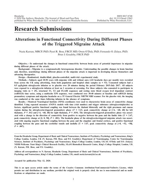 Pdf Alterations In Functional Connectivity During Different Phases Of The Triggered Migraine