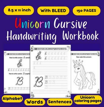 Unicorn Cursive Handwriting Workbook By Ossella Resources TPT