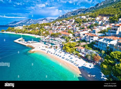 Aerial View Of Brela Beach And Waterfront On Makarska Riviera Dalmatia