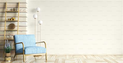 나무 패널이 있는 노란색 모형 벽 위에 파란색 안락의자가 있는 현대적인 거실의 인테리어 디자인 홈 디자인 3d 렌더링 사진 Unsplash의 플로어 램프 이미지