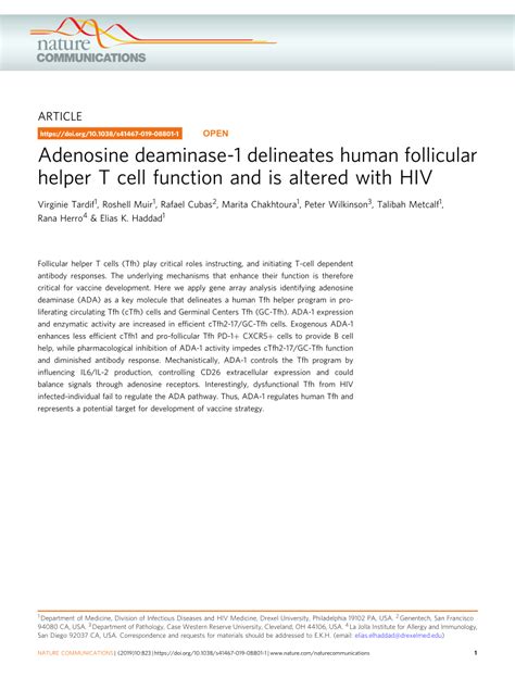 Pdf Adenosine Deaminase 1 Delineates Human Follicular Helper T Cell Function And Is Altered