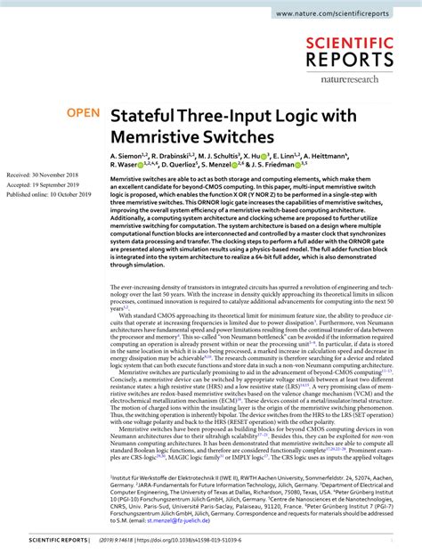 Pdf Stateful Three Input Logic With Memristive Switches