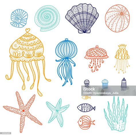 해파리 조개 물고기 불가사리 및 조류로 설정된 귀여운 세트 검은색에 대한 스톡 벡터 아트 및 기타 이미지 검은색 귀여운