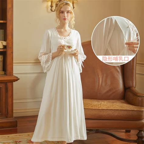 출산 나이트 드레스 프랑스 바람 궁전 느슨한 단색 우아한 수유 드레스 모유 수유 임신 잠옷 봄 신상품 Aliexpress