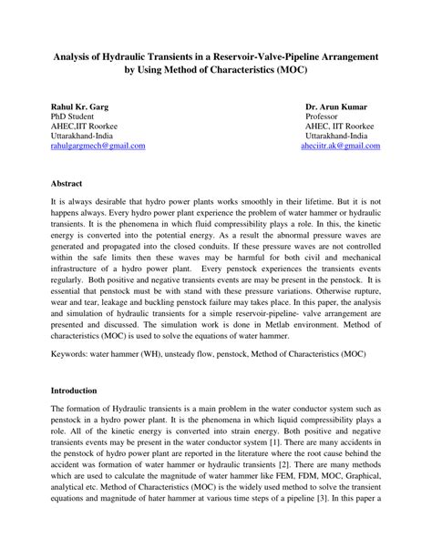 Pdf Analysis Of Hydraulic Transients In A Reservoir Valve Pipeline Arrangement By Using Method