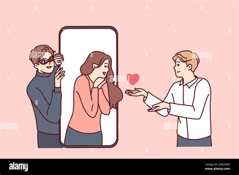People Talking Online On Dating App On Smartphone With Hacker Steal Personal Data Man And Woman