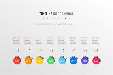 흰색 배경에 8 라운드 요소 연도 표시 및 텍스트 상자와 수평 비즈니스 타임 라인 현실적인 3d 종이 컷 인포 그래픽 템플릿 현대 벡터 회사 역사 프리젠 테이션 Eps 10