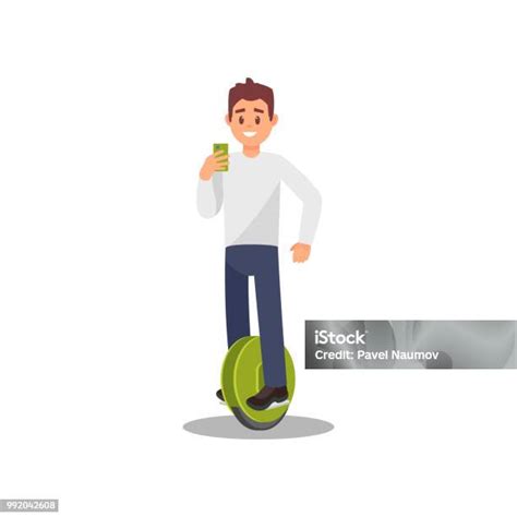 젊은 사람이 타고 전기 Monowheel 호버 건강 하 고 활동적인 라이프 스타일 환경 친화적인 대체 운송 차량 벡터 일러스트