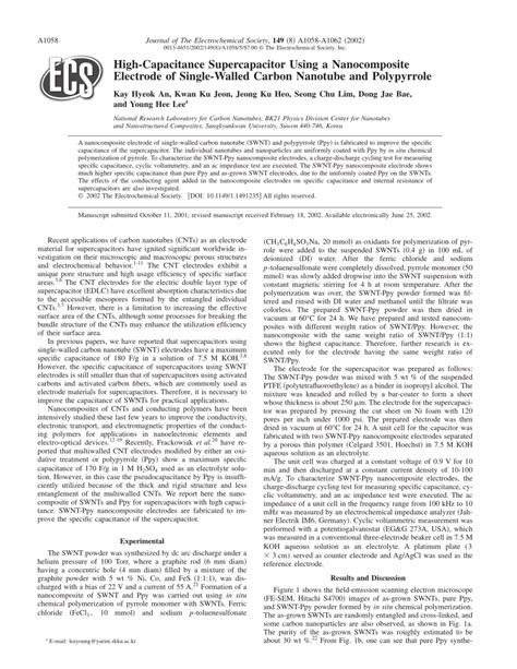 Pdf High Capacitance Supercapacitor Using A Nanocomposite Electrode Of Single Walled Carbon