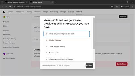 vercel deleting your account flow on web page flows