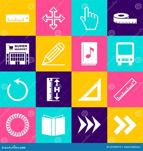 Set Arrow Ruler Bus Pixel Hand Cursor Pencil Line Supermarket Building And Audio Book Icon