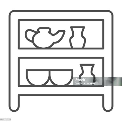 선반 세라믹 점토 주전자 얇은 선 아이콘 도자기 만들기 개념 벡터 그래픽입니다 크기가 다른 깨지기 쉬운 항목 흰색 배경에 표시 모바일 또는 웹 디자인을위한 개요 스타일
