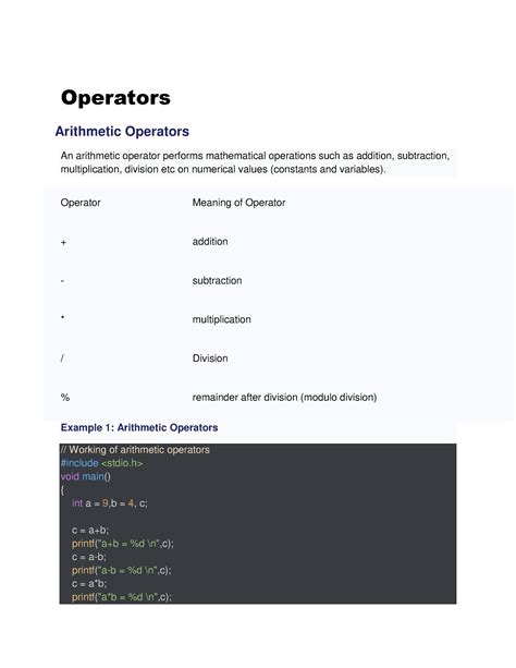 Operators In C Programming Language Operators Arithmetic Operators An Arithmetic Operator