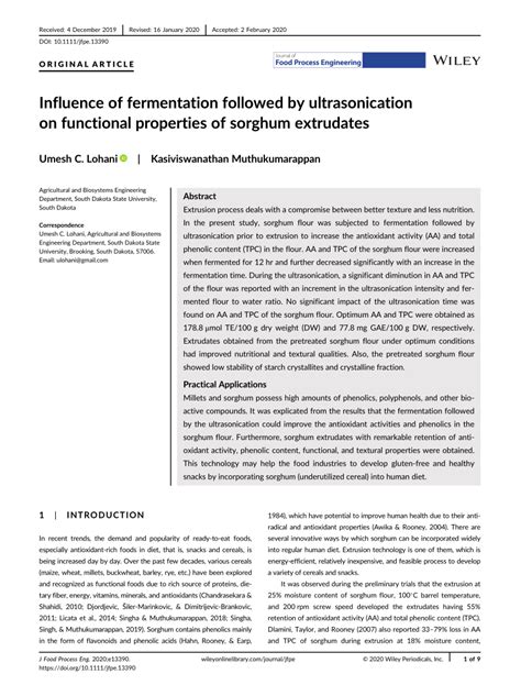 Pdf Influence Of Fermentation Followed By Ultrasonication On Functional Properties Of Sorghum