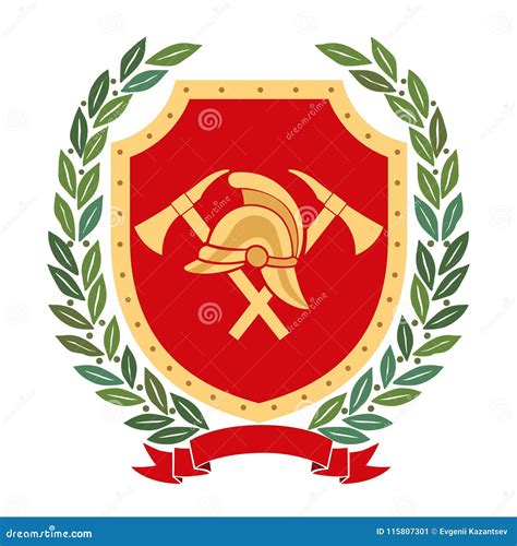 Colored Fire Heraldry Fire Helmet Shield Olive Branches Axes Stock