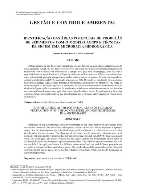 Pdf Identification Of The Potential Areas Of Sediment Production With The Agnps Model And Gis