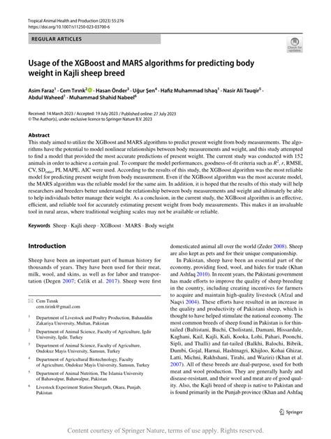 Usage Of The Xgboost And Mars Algorithms For Predicting Body Weight In Kajli Sheep Breed