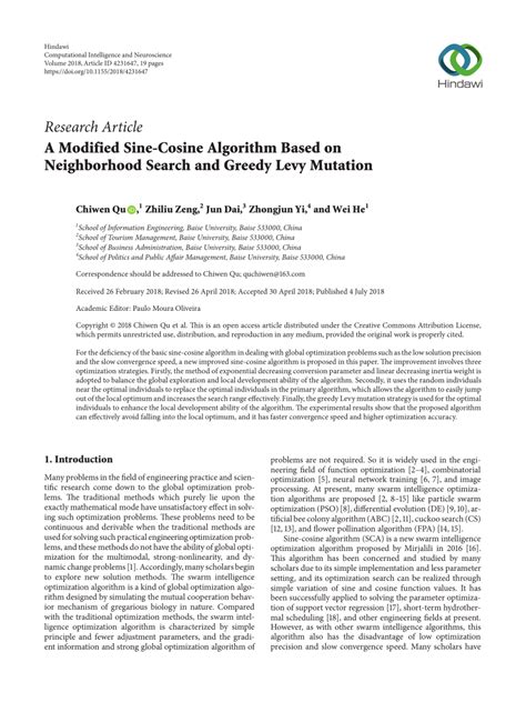 Pdf A Modified Sine Cosine Algorithm Based On Neighborhood Search And