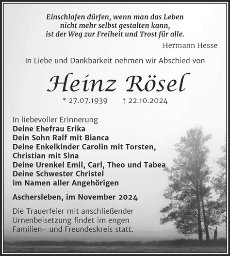 Traueranzeigen Von Heinz Rösel Abschied Nehmen De
