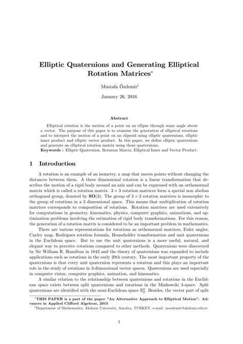 Pdf Elliptic Quaternions And Generating Elliptical Rotation Matrices