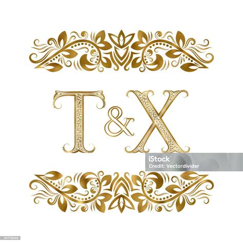 T 와 X 빈티지 이티즈 기호 문자는 장식 요소로 둘러싸여 있습니다 결혼식 또는 비즈니스 파트너 로얄 스타일의 모노그램 결혼식에 대한 스톡 벡터 아트 및 기타 이미지