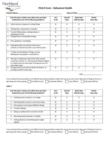 Phq9 Form Northland Health Centers
