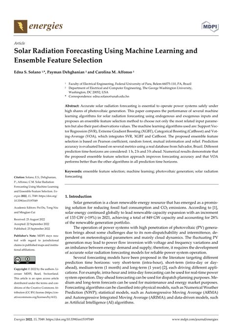 Pdf Solar Radiation Forecasting Using Machine Learning And Ensemble Feature Selection