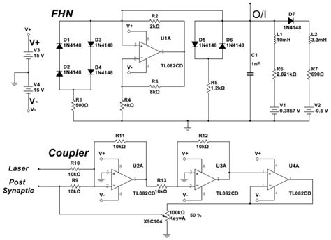 Electronic Schemes Of Fitzhughnagumo And Coupler Circuits Download Scientific Diagram