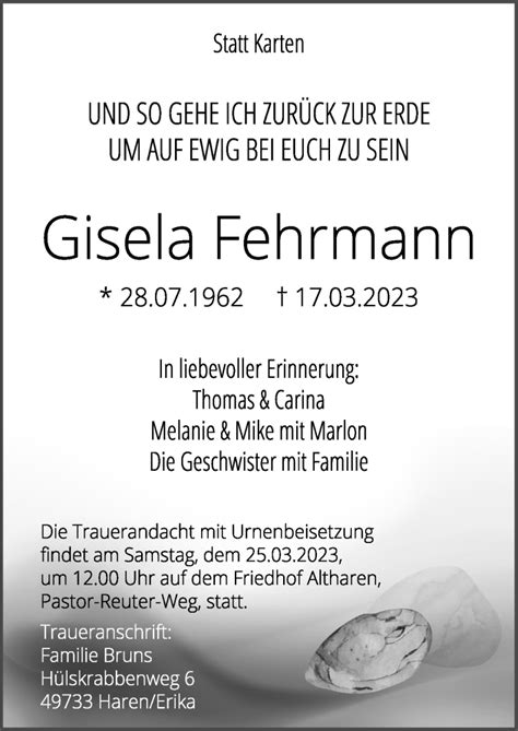 Traueranzeigen Von Gisela Fehrmann Noz Trauerportal